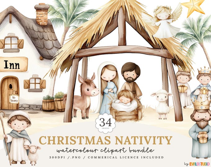 Watercolor Nativity Scene Clipart Bundle, Christmas Theme PNG Files ...