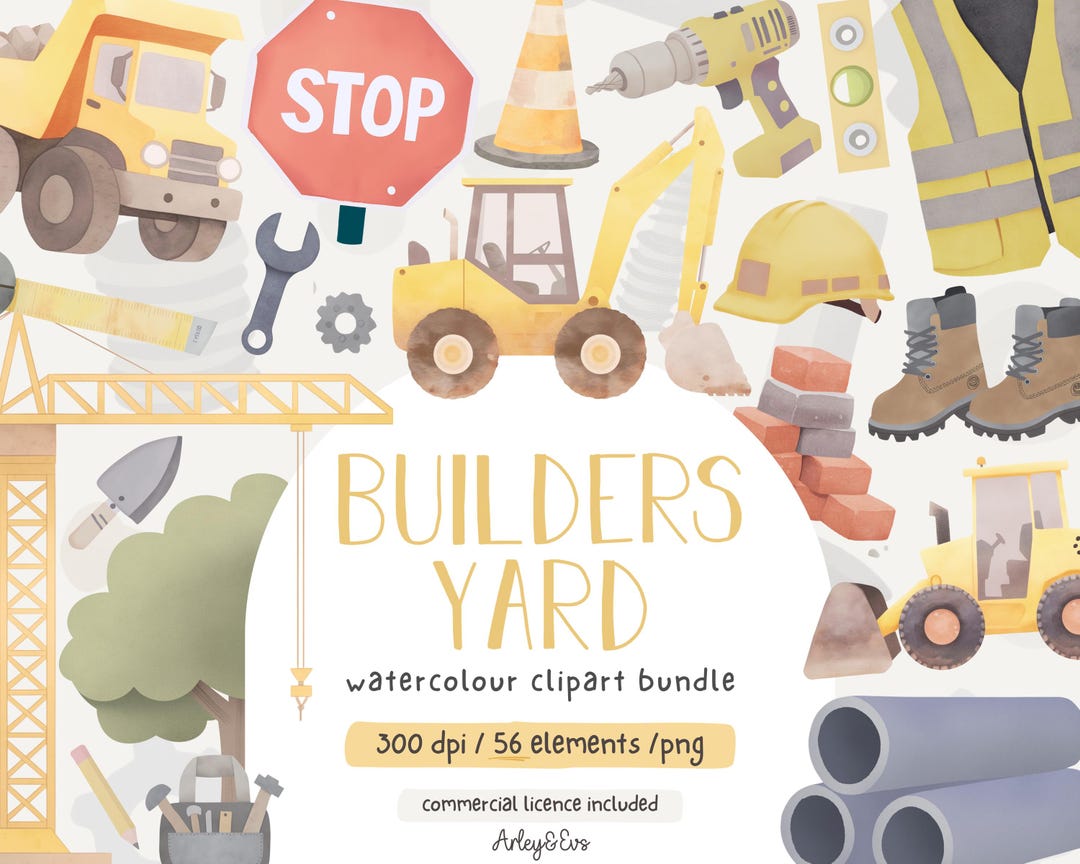 Watercolor Construction Clipart Bundle: Vehicles, Tools, Nursery (PNG ...
