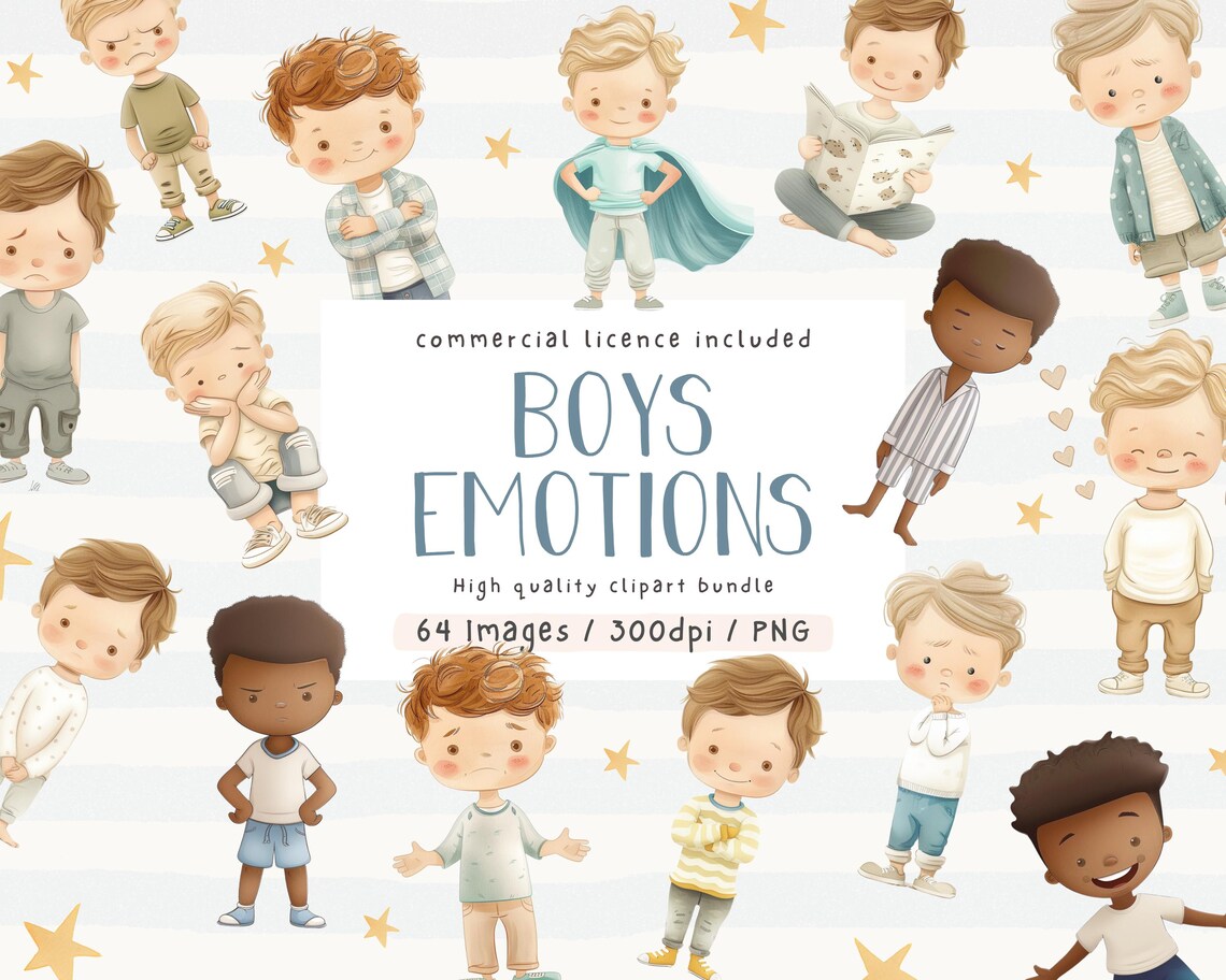 Boys Emotions Clipart: Watercolor Children's Faces (PNG) - Etsy