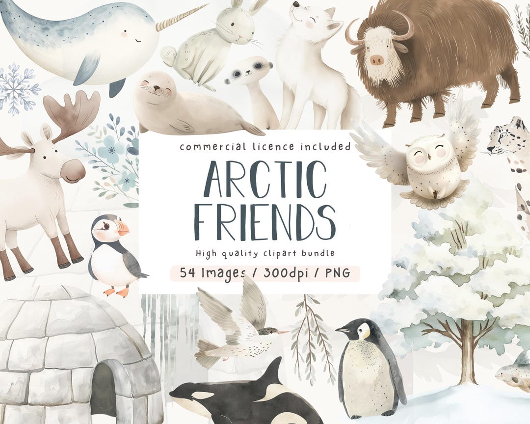 Watercolor Arctic Animals Clipart Bundle: Nursery Illustration (PNG) - Etsy