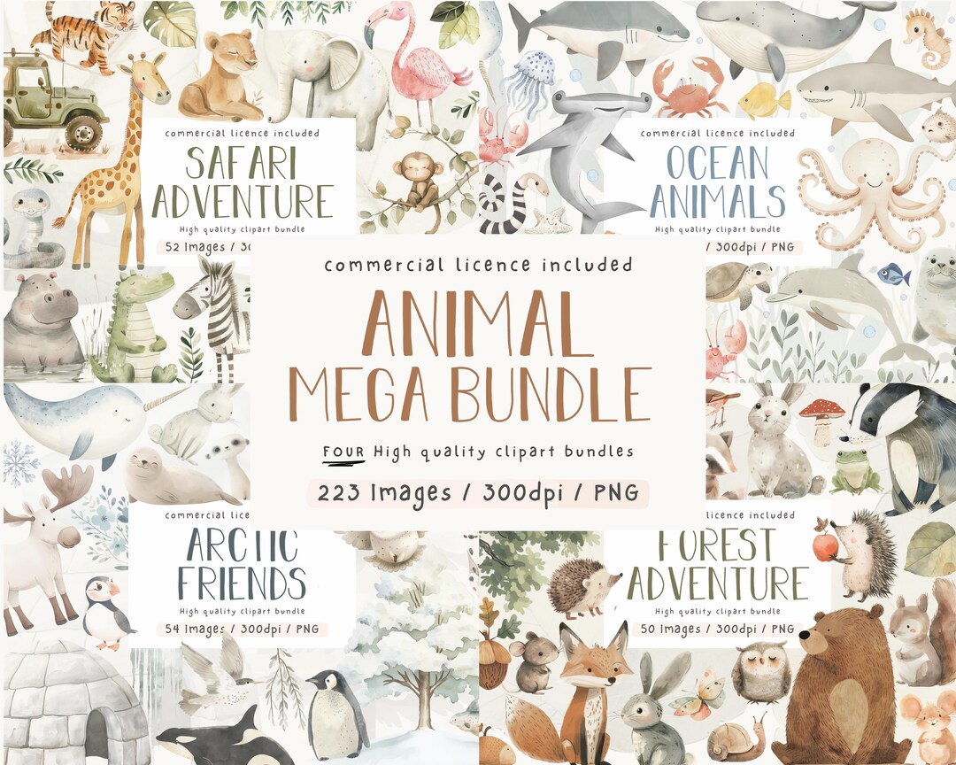 Animal Clipart, MEGA Bundle, Watercolour, Commercial Use, Clipart ...