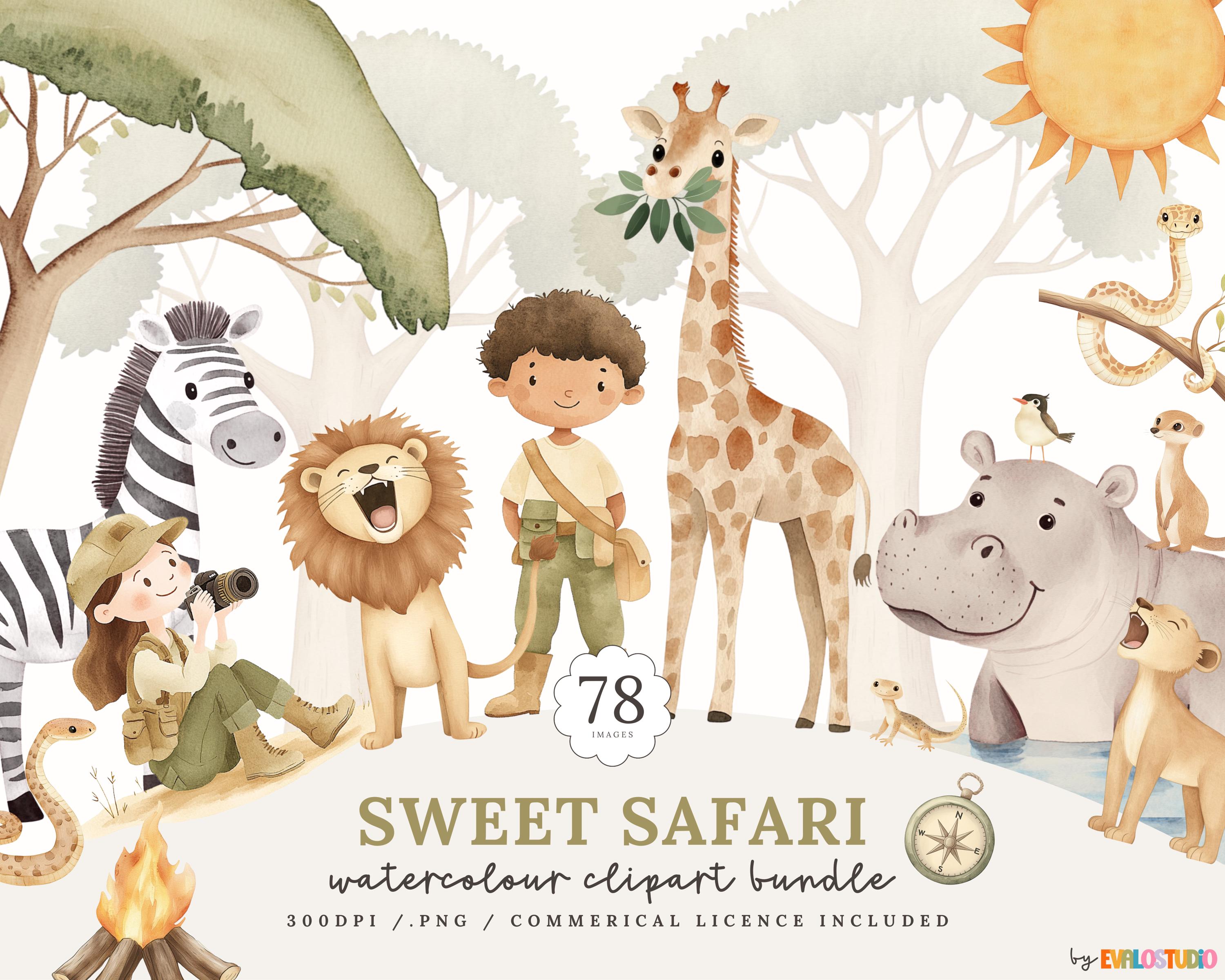 Cute Watercolor Safari Clipart, Wild Animals, PNG (commercial License ...