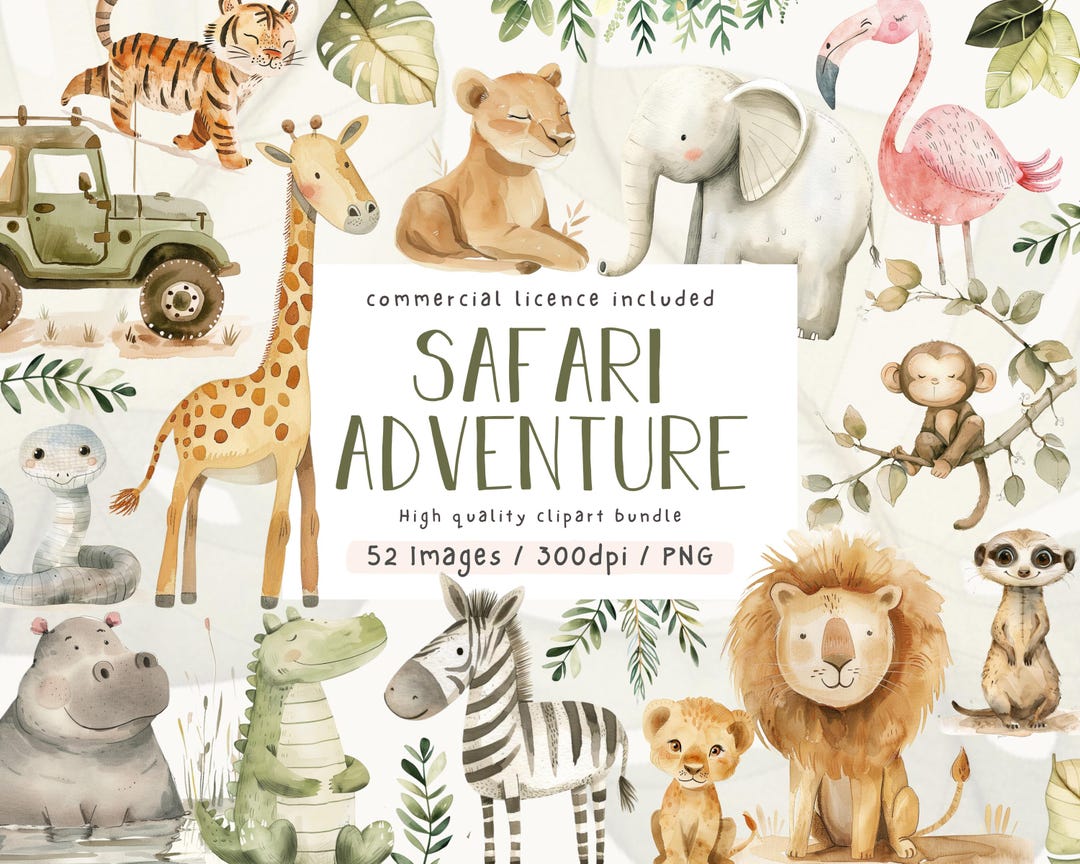 Watercolor Safari Animals Clipart Bundle: Jungle Nursery PNG ...