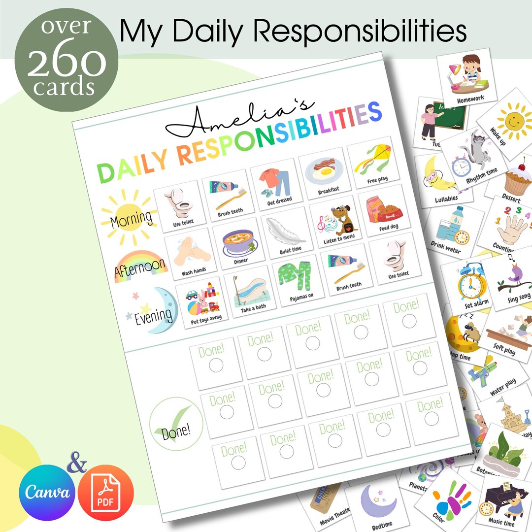 Daily Responsibilities Chore Chart, Printable Full Day Visual Routine ...