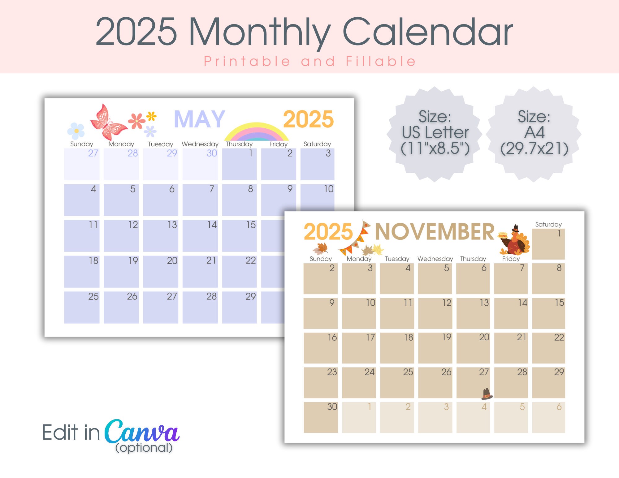 Monthly Calendar 2025, Monthly Planner, Printable Calendar, Editable ...