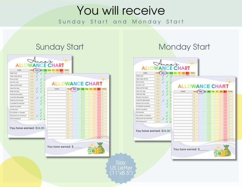 Editable Kids Allowance Tracker Chart - Chore & School Routine, Earn ...