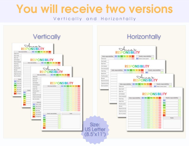 Responsibility Chore Chart for Kids, Fully Editable Daily Weekly ...