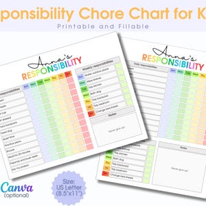 Responsibility Chore Chart for Kids, Fully Editable Daily Weekly ...