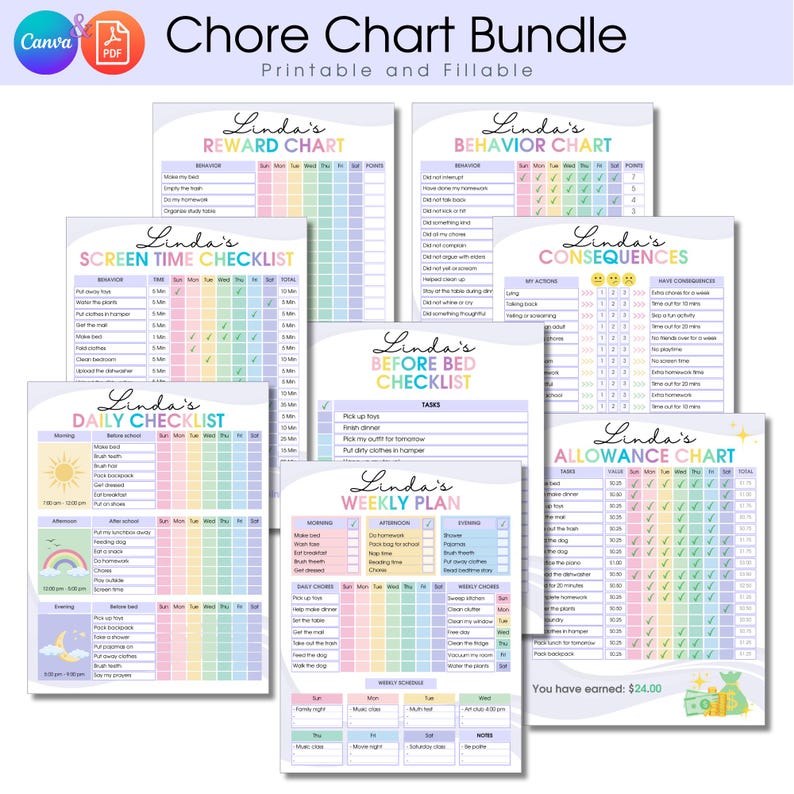 Chore Chart Bundle for Kids Reward, Allowance, Screen Time, School ...
