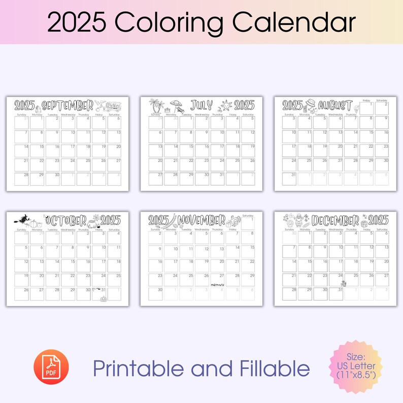 Calendario para colorear 2025 para niños, planificador de 12 meses, organización fácil ...