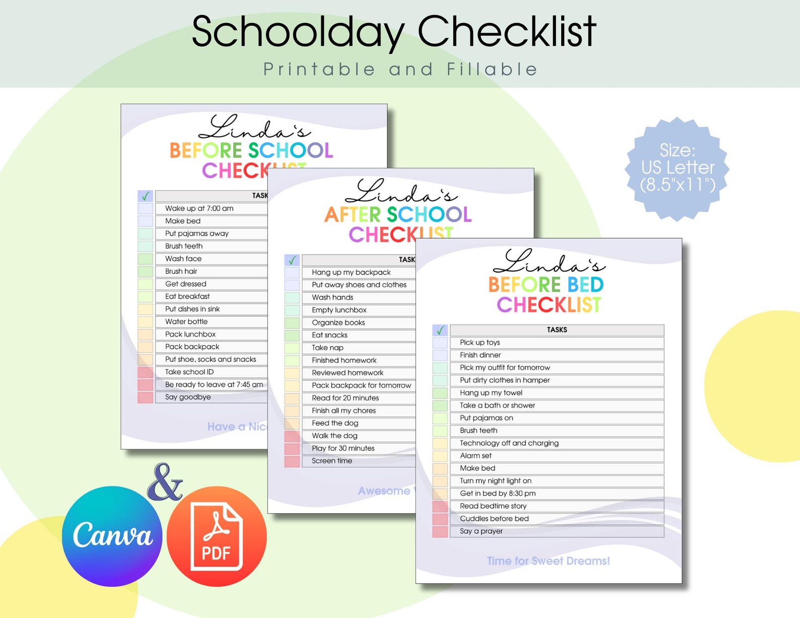 Editable Schoolday Checklist for Kids, Printable, Kids Chore Chart ...