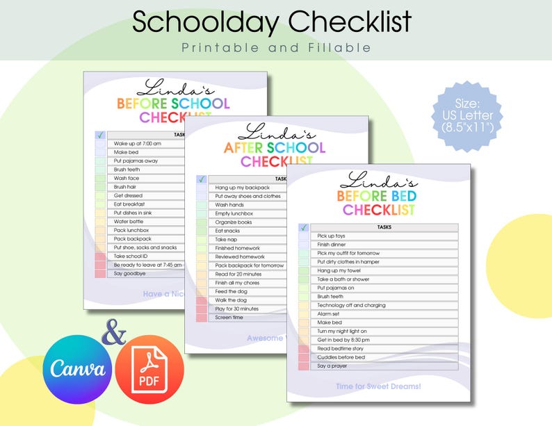 Editable Schoolday Checklist for Kids, Printable, Kids Chore Chart ...