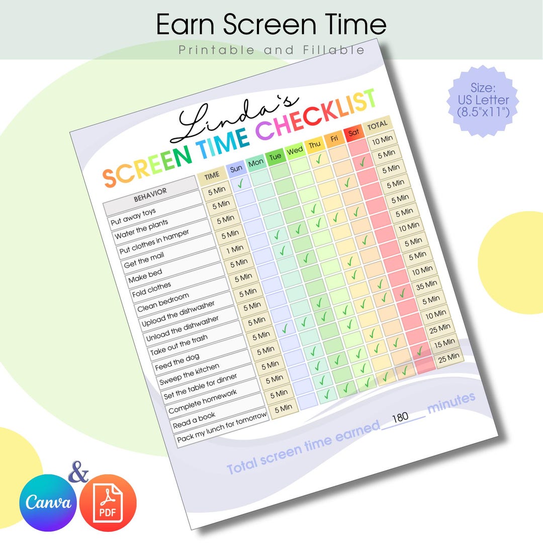 Kids Screen Time Checklist, Editable Chore Chart for Kids, Screen Time ...