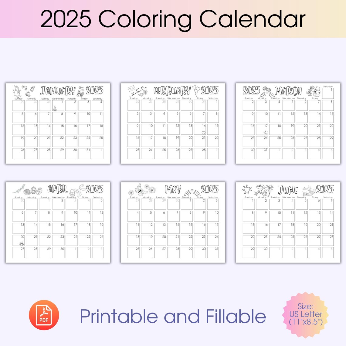 Coloring Calendar 2025 for Kids, 12 Month Planner, Easy Organization ...