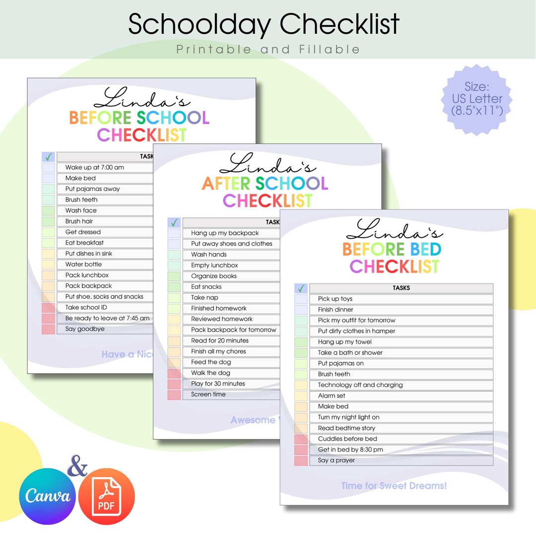 Editable Schoolday Checklist for Kids, Printable, Kids Chore Chart ...