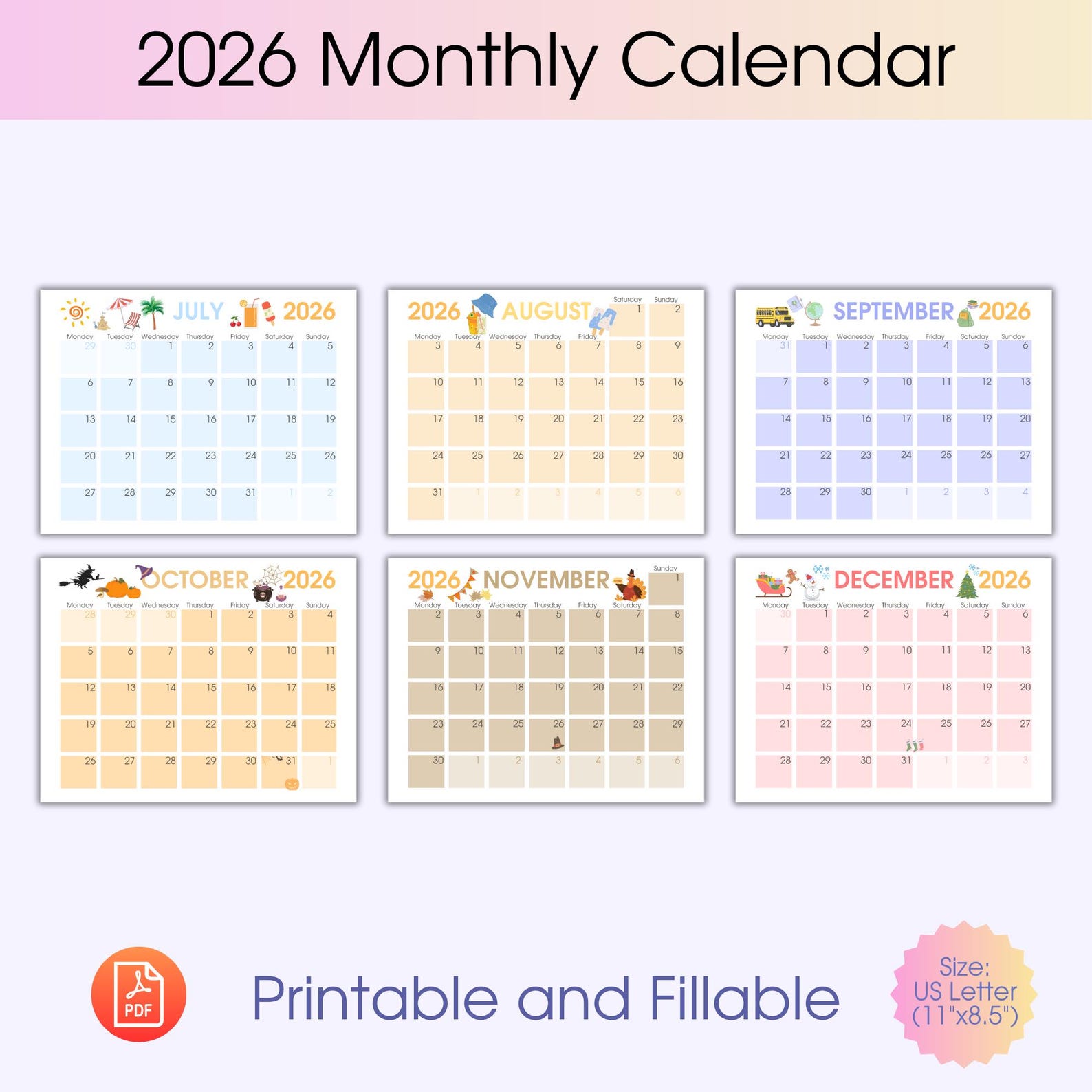 Monthly Calendar 2026, Monthly Planner, Printable Calendar, Editable ...