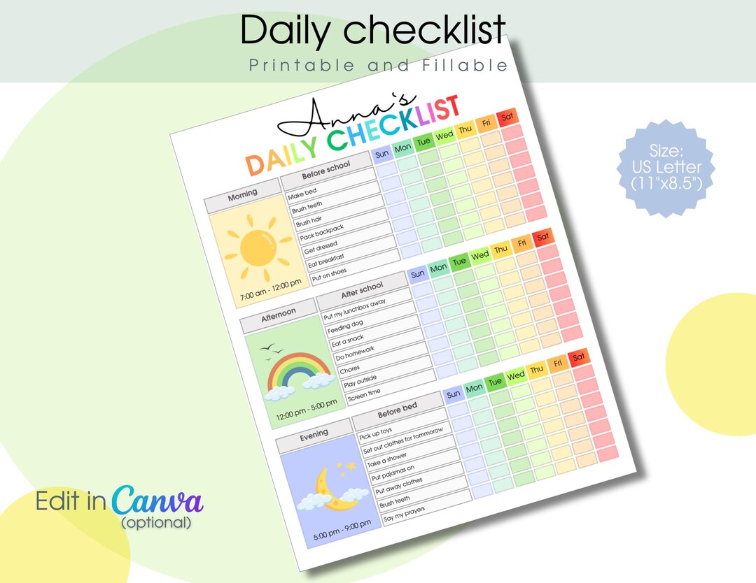 Kids Daily School Checklist, Responsibility Chart, to Do List, Editable ...