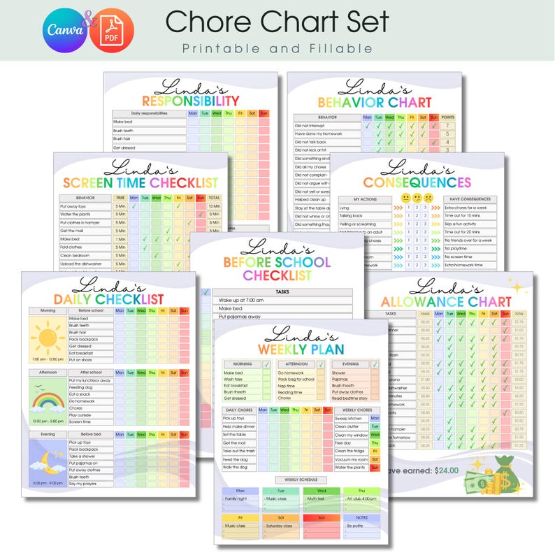 Chore Chart Set for Kids Reward, Allowance, Screen Time, School Routine ...