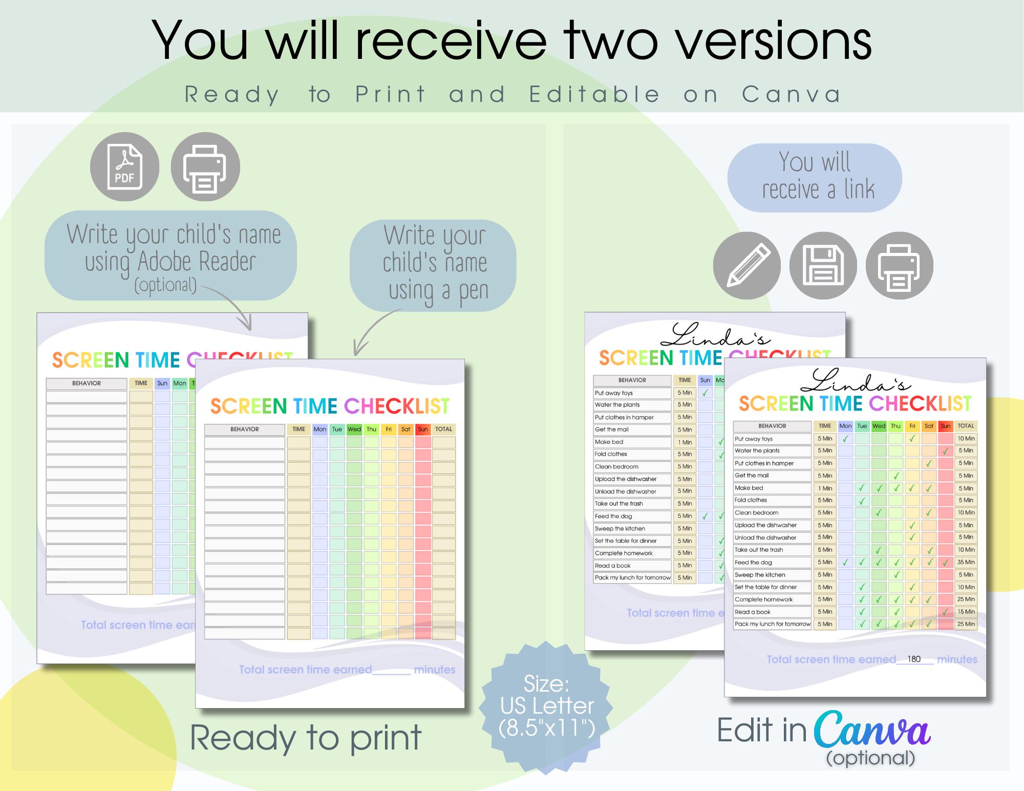 Kids Screen Time Checklist, Editable Chore Chart for Kids, Screen Time ...