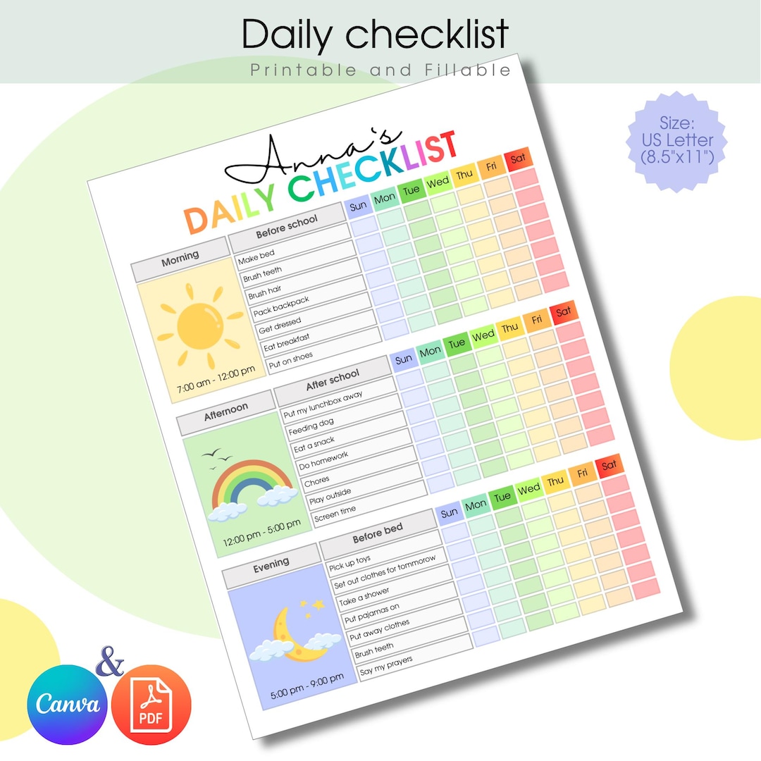 Kids Daily School Checklist & Responsibility Chart - Editable Chore ...