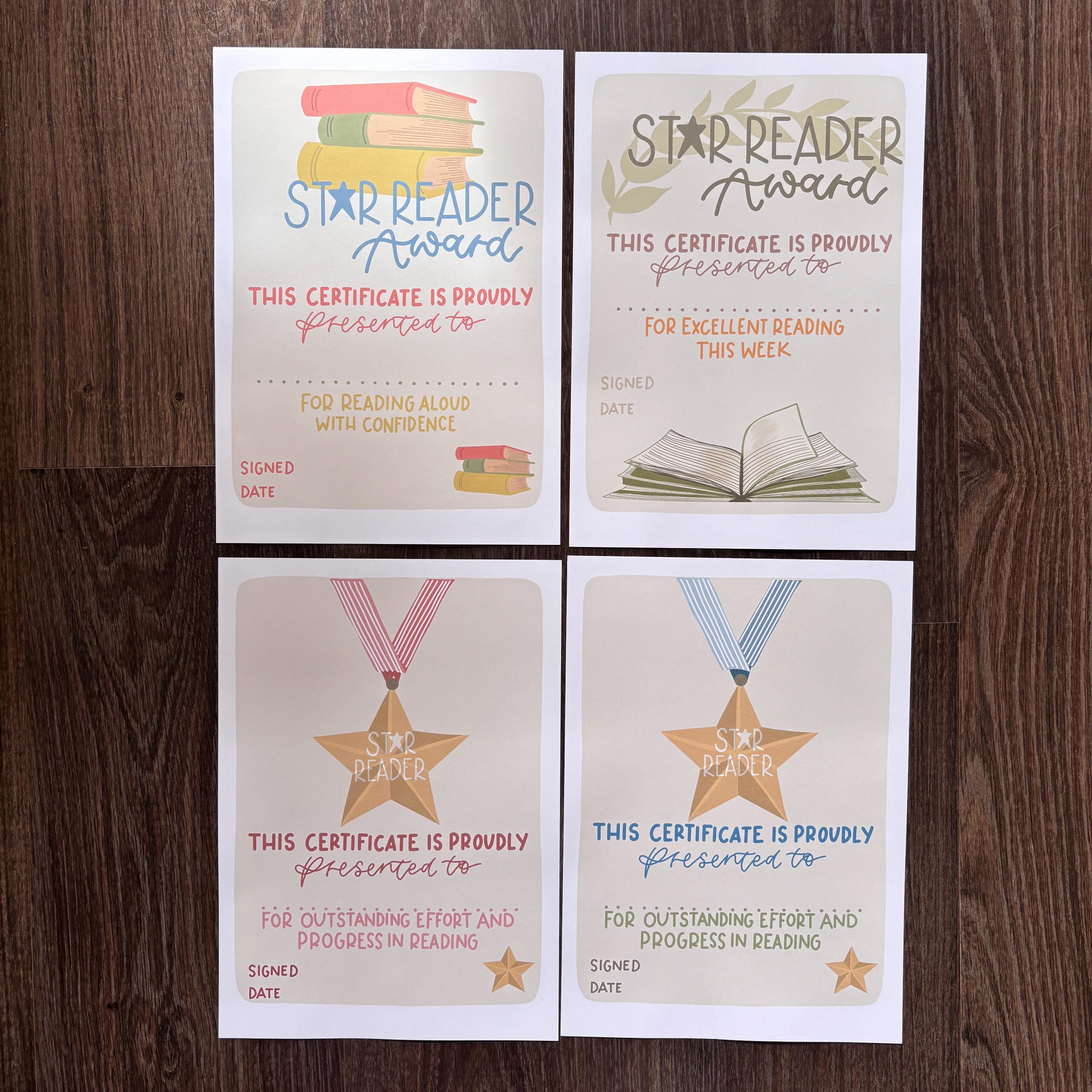 Set of 4, Modern Star Reader Award Certificates, Printable Classroom ...