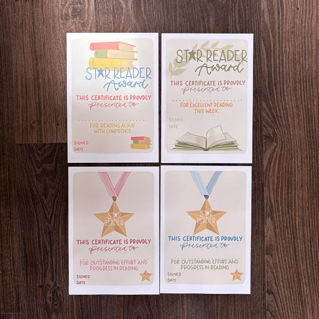 Set of 4, Modern Star Reader Award Certificates, Printable Classroom ...