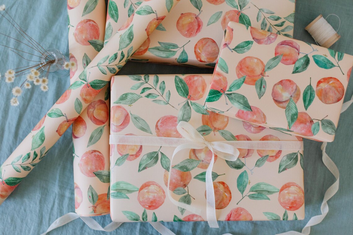 Peach Garden Gift Wrap - Peach Wrapping Paper, Peaches Fruit Luxury ...