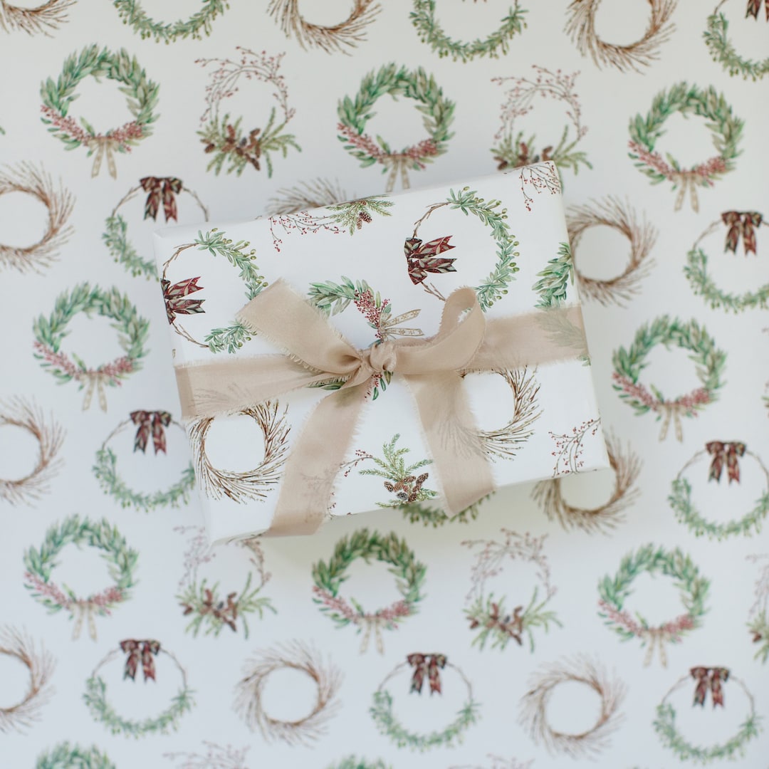 Beautiful Christmas Wrapping Paper Featuring Holiday Wreaths Perfect ...