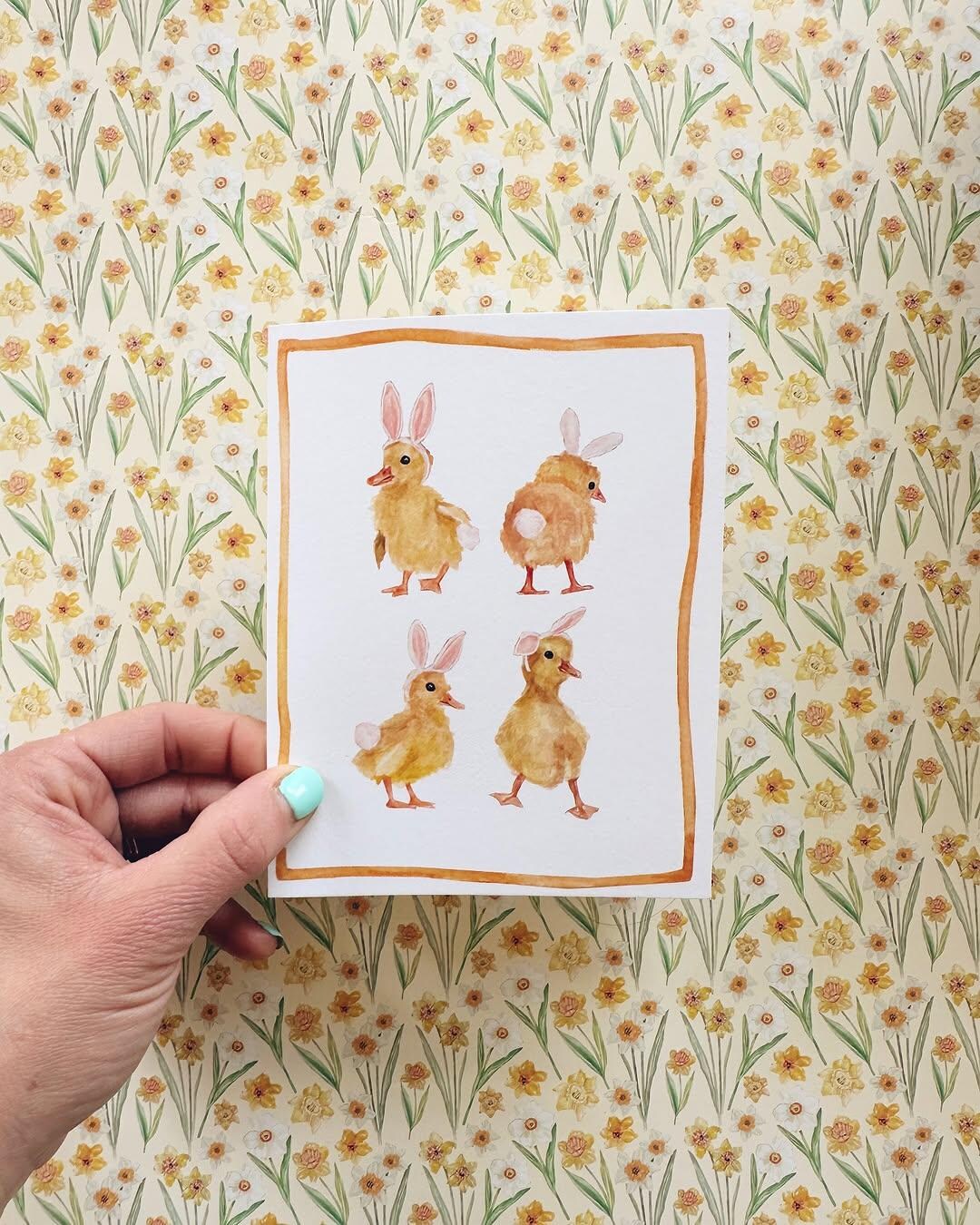 Easter Bunny Ducks Greeting Card - Illustrated Spring Cute Easter Card ...