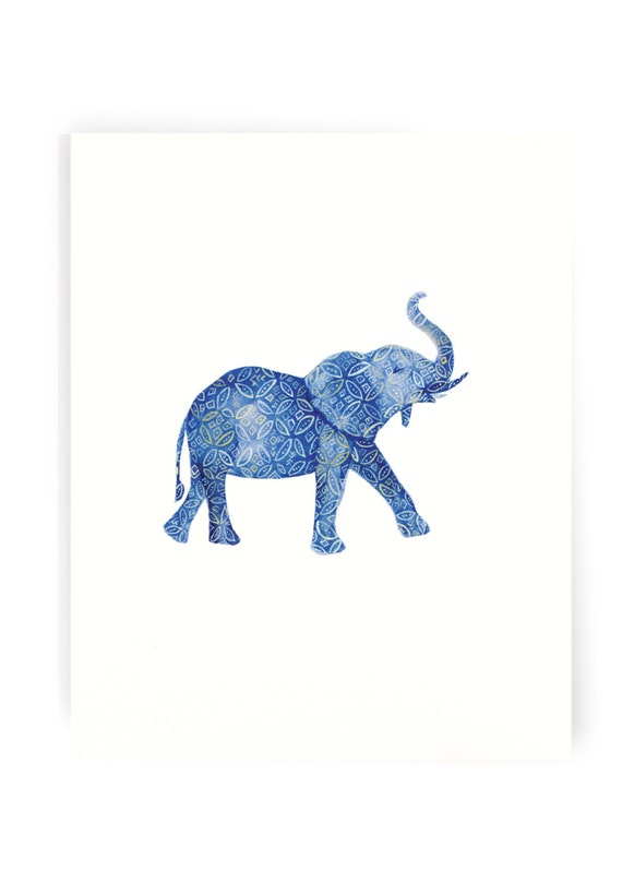 Blue Pattern Elephant Art Print Illustrated Animal Wall | Etsy