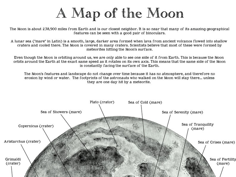 A Map of the Moon Printable & Poster 12 x 18 A4 8.5 x 11 | Etsy