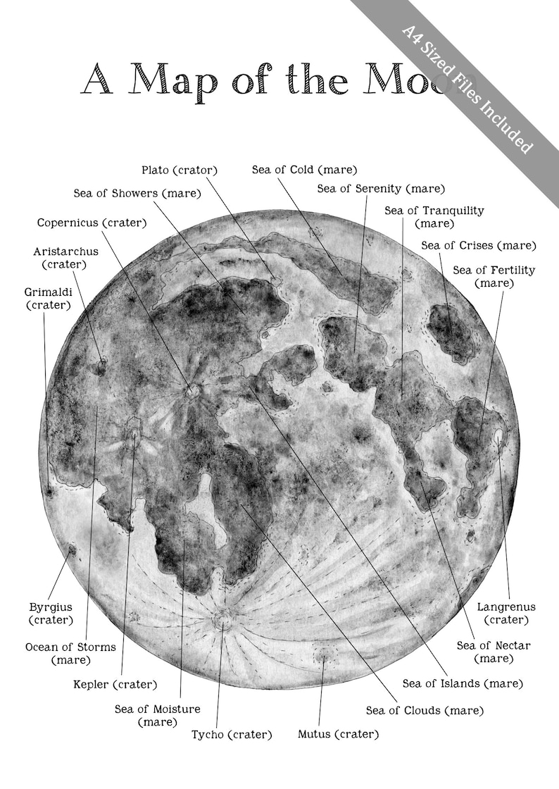 A Map of the Moon Printable & Poster 12 x 18 A4 8.5 x 11 | Etsy