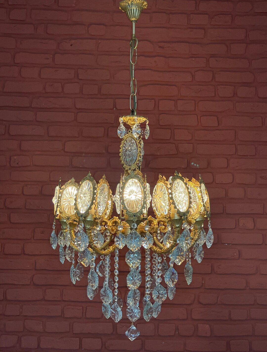 Antique Vintage Crystals and Cast Solid Brass 10 Arms Stunning Heavy ...