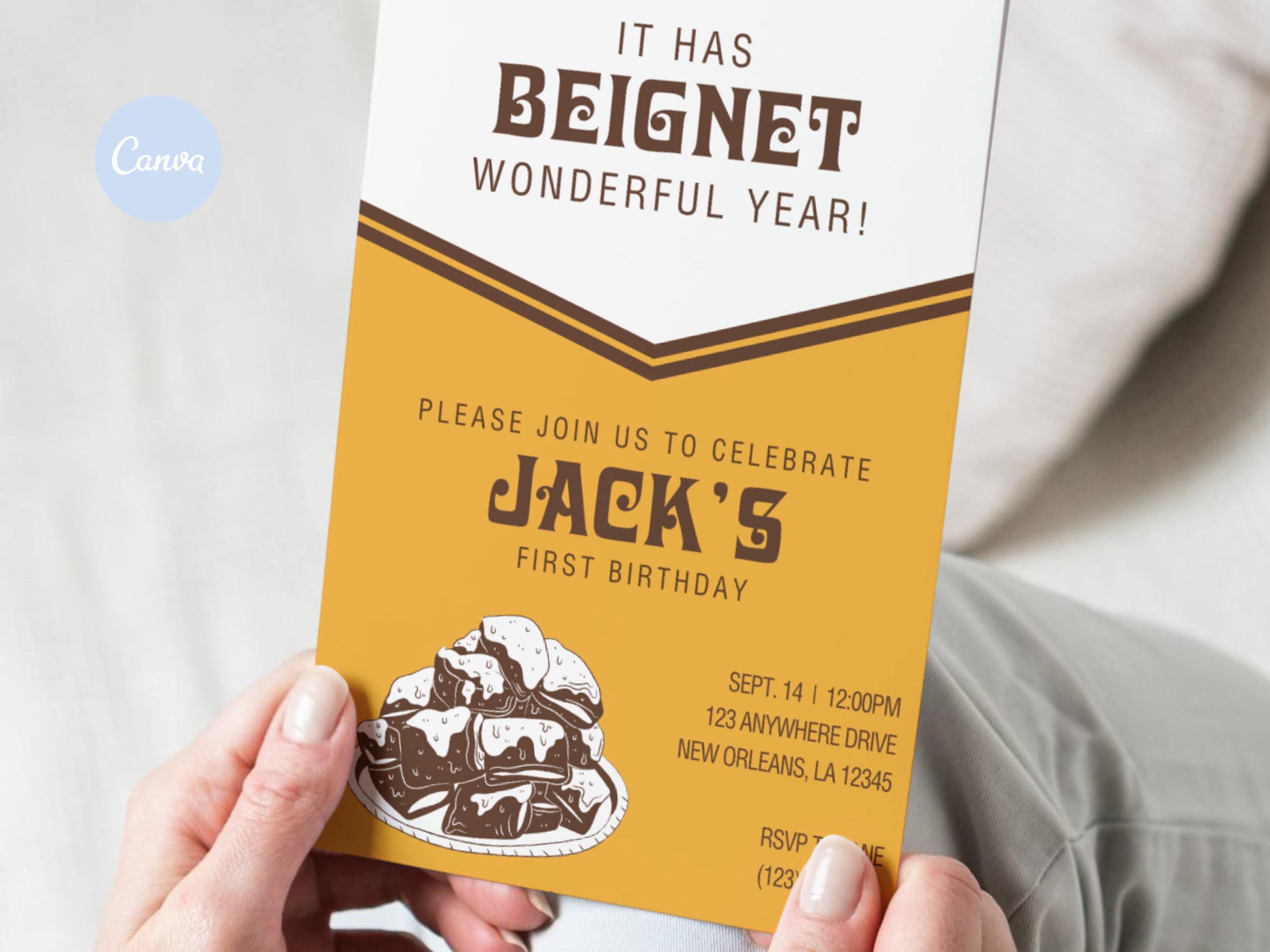 Beignet Wonderful Year Birthday Invitation | Beignet Themed First ...