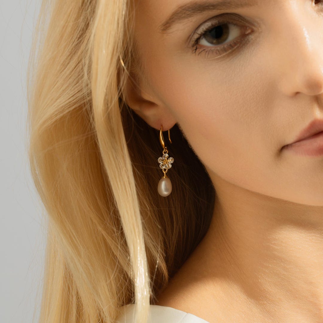 Sakura Pearl Dangle Earrings: Zircon Plum Blossom, Freshwater Pearl - Etsy