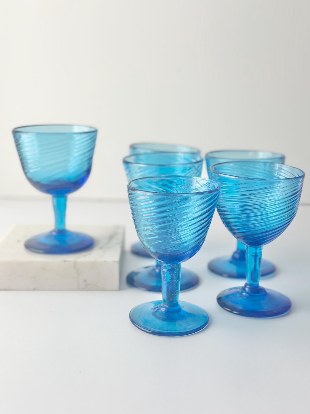 Hand Blown Swirled Design Blue Art Glass Brutalist Eclectic Wine ...
