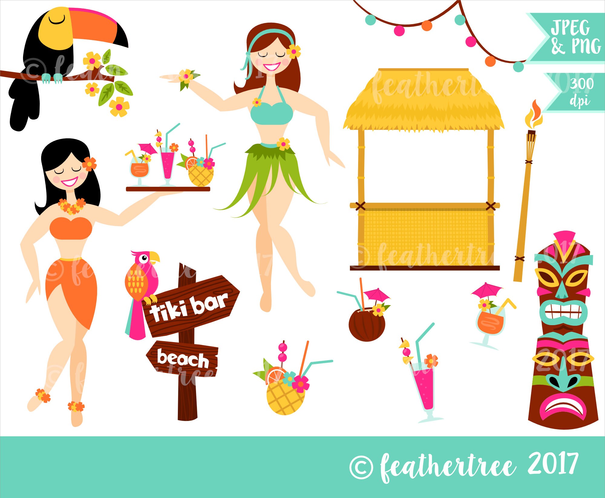 Digital Clipart - Tiki Bar - Hawaii - Luau Party - Hula Themed - 300 ...