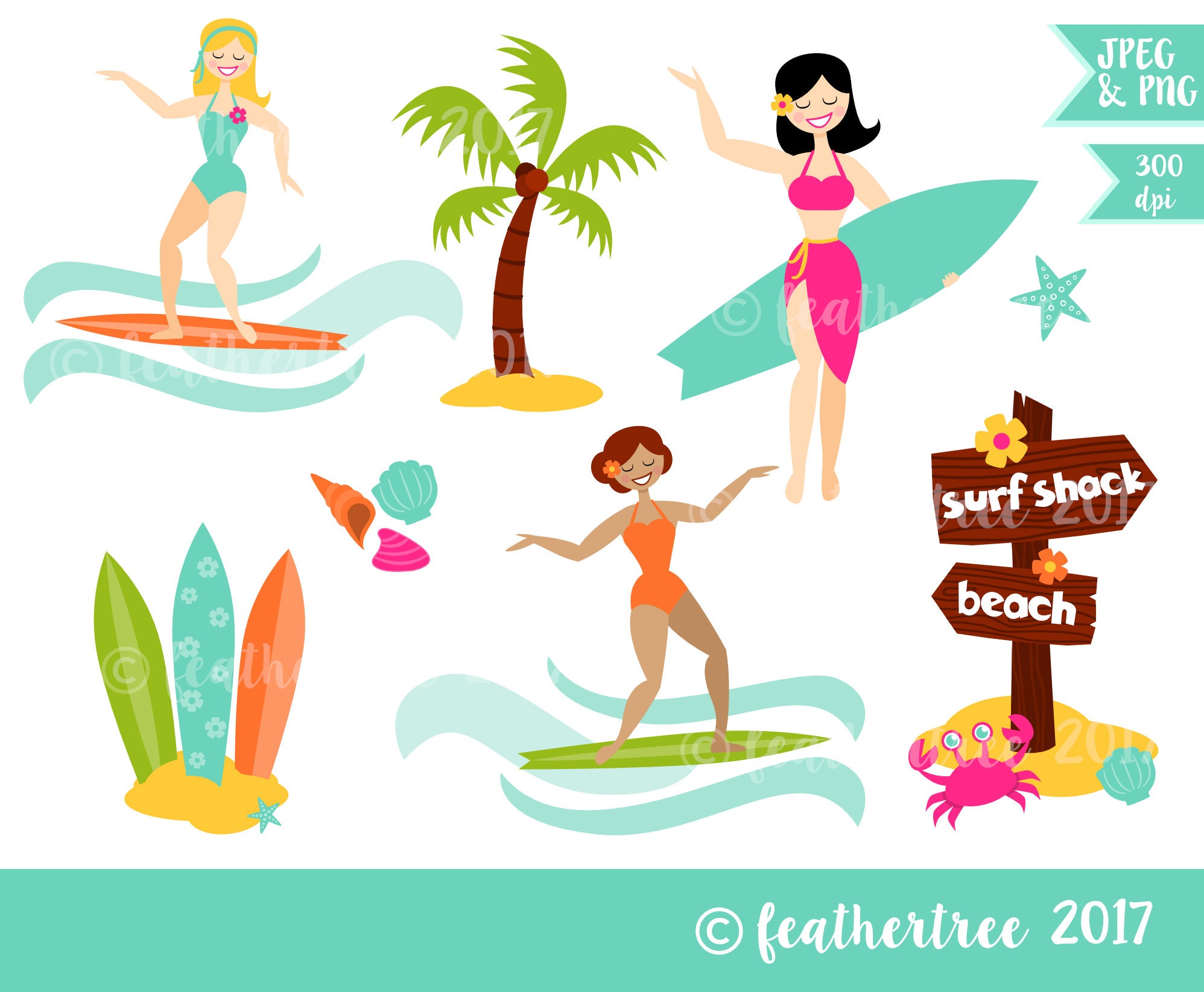 Digital Clipart Tropical Surfer Girl Beach Surf Hawaii Summer 300 Dpi ...