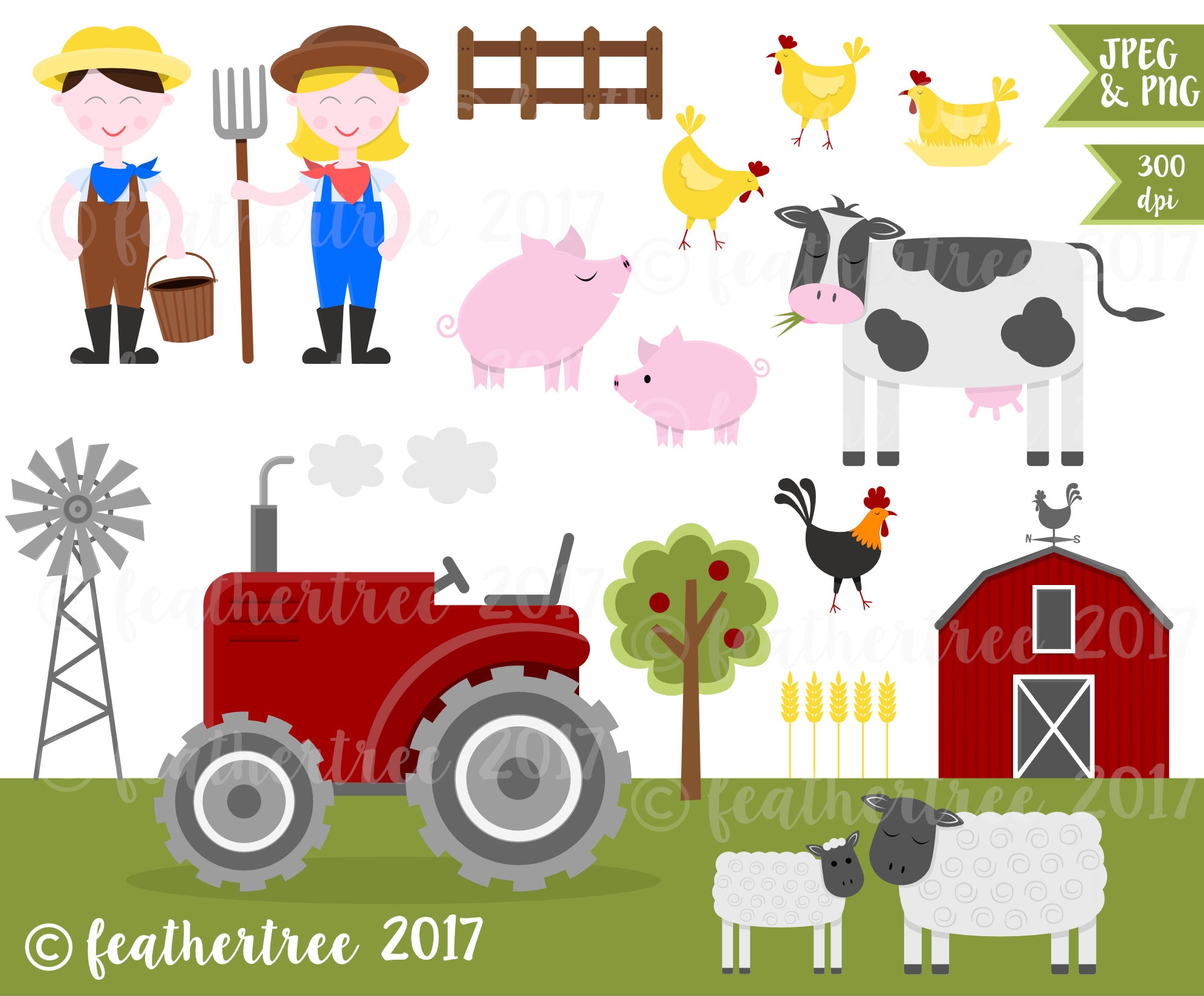 Farm Digital Clipart - Farmer, Tractor, Barn, Cow, Chickens, Pig, Sheep ...