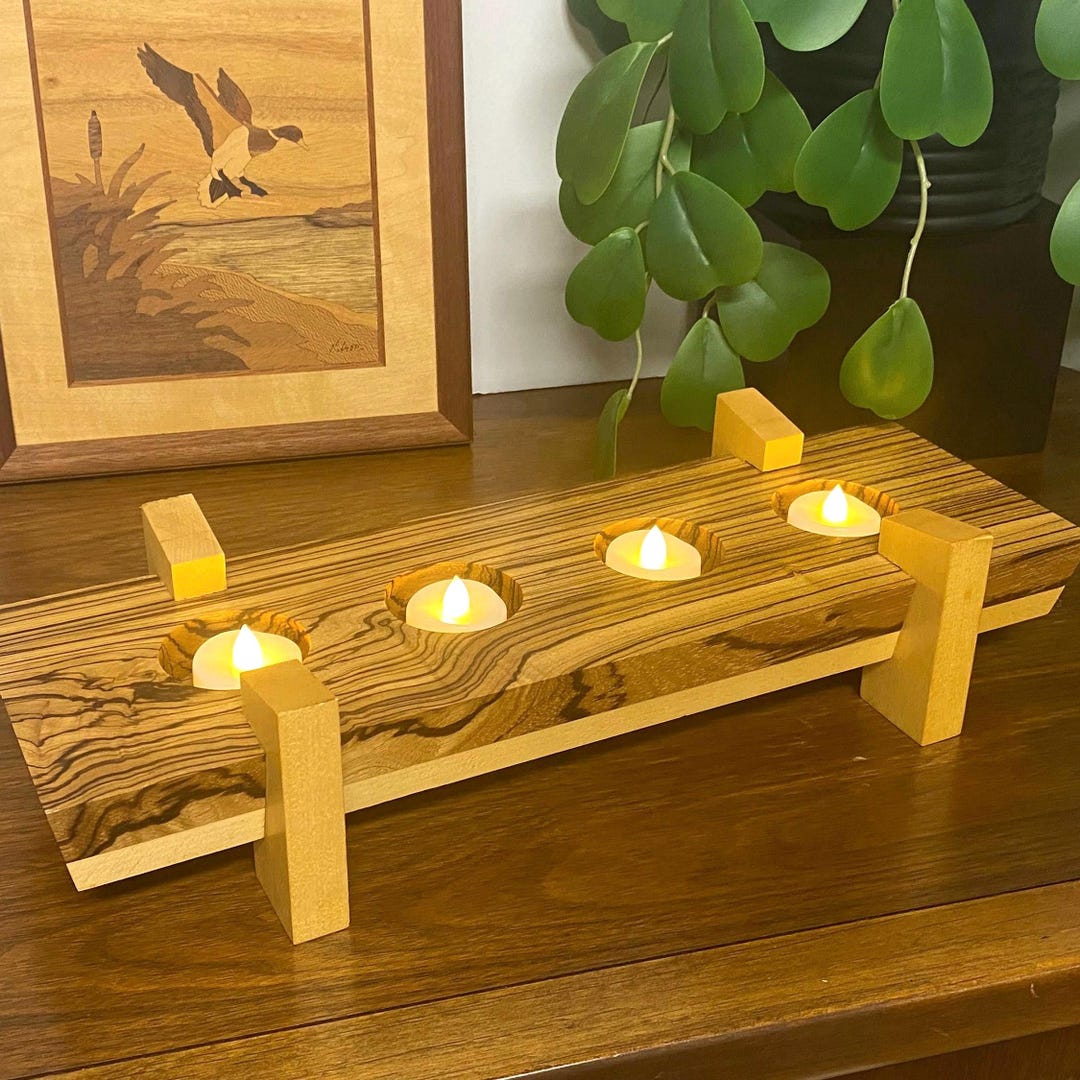 Vintage Butcher Block Tea Light Candleholder, Mixed Woods, Centerpiece ...