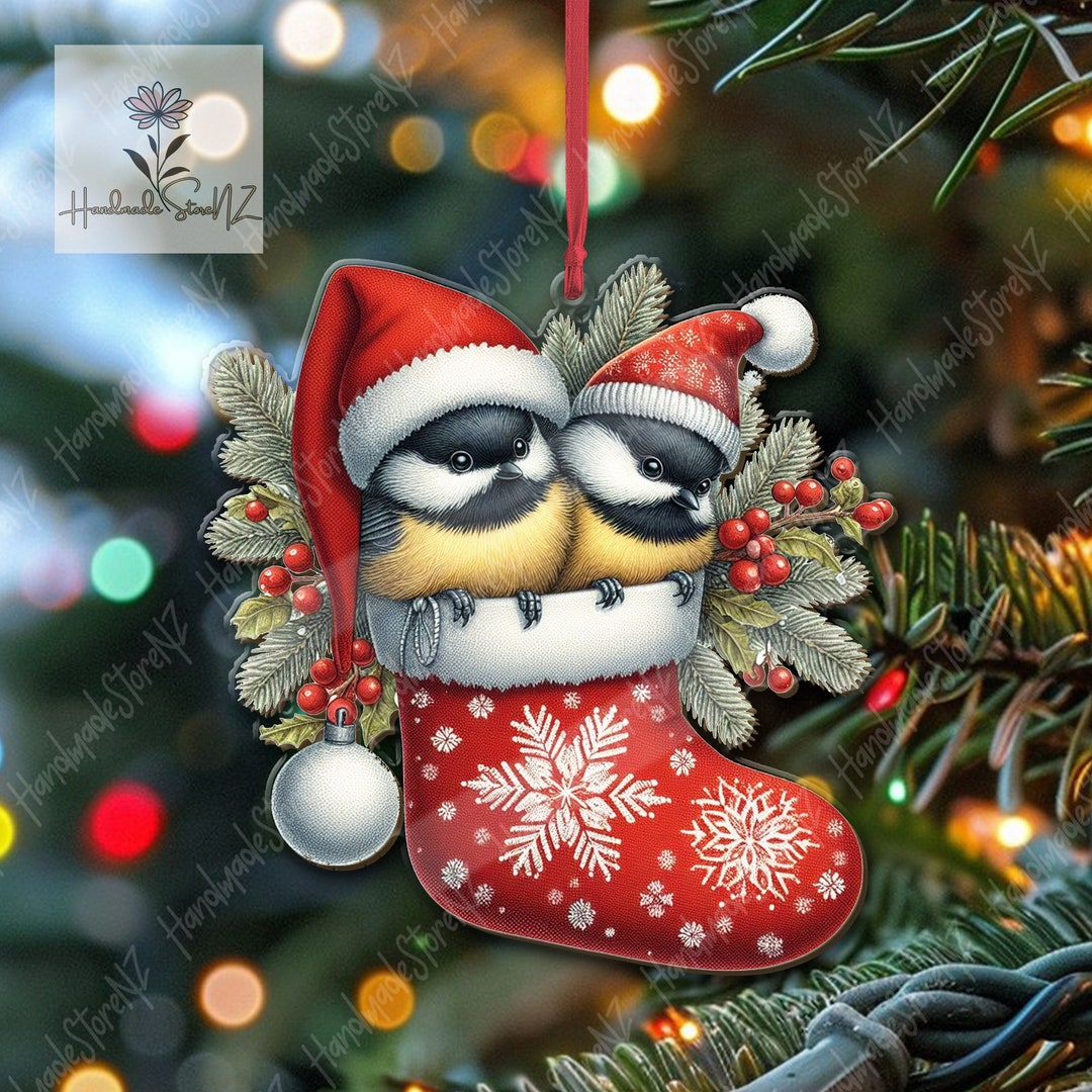 Chickadees Couple in Stocking Christmas Ornament, Xmas Tree Decor ...