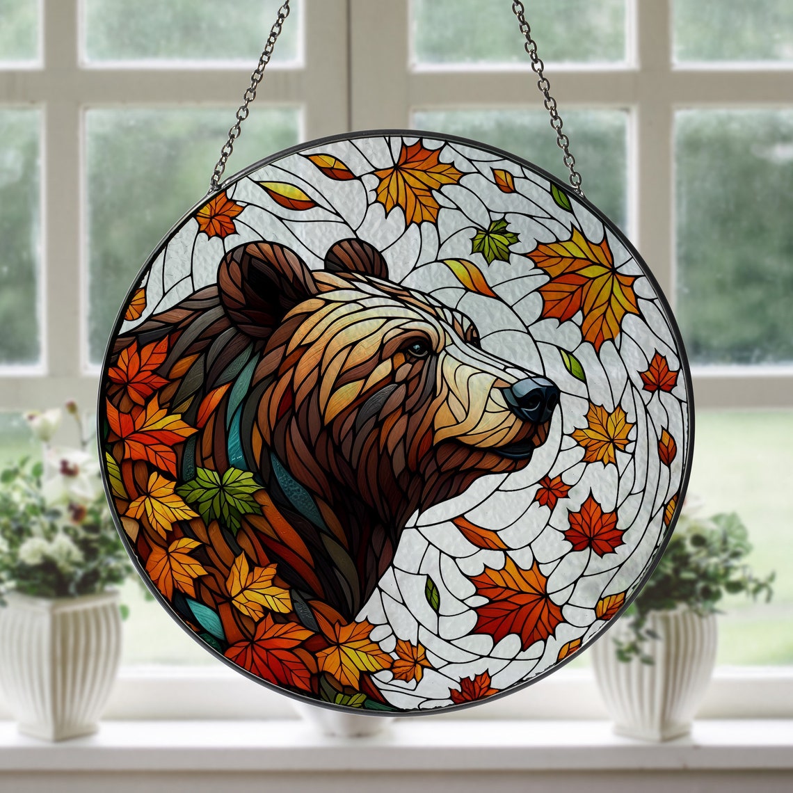 Bear Autumn Fall Stained GLASS Suncatcher, Bear Suncatcher Ornament ...