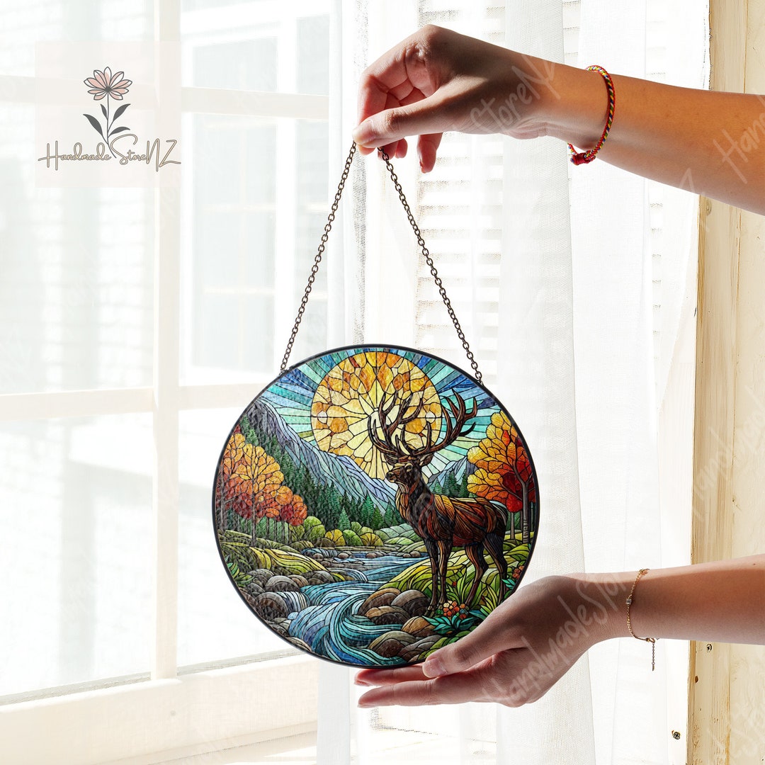 Deer in the Forest Stained Glass Sun Catcher, Deer Suncatcher Ornament ...