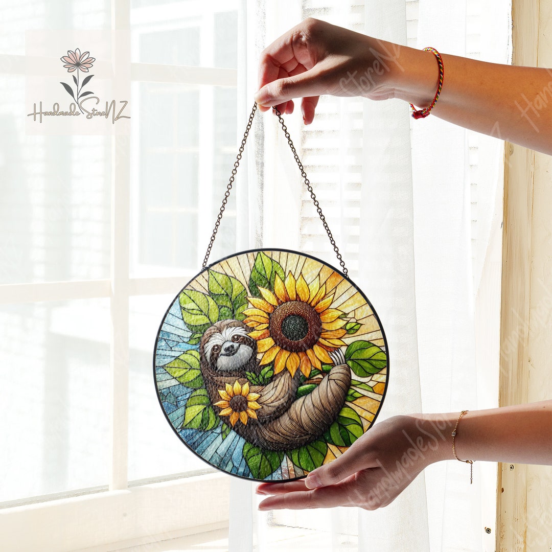 Sloth and Sunflowers Stained Glass Sun Catcher, Sloth Sun Catcher ...