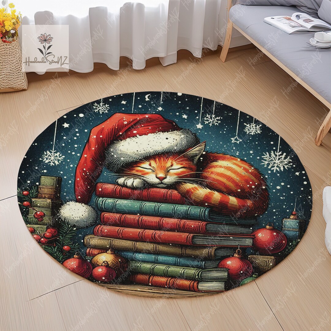 Christmas Orange Cat Sleeping on Books Round Mat, Home Decor, Christmas ...
