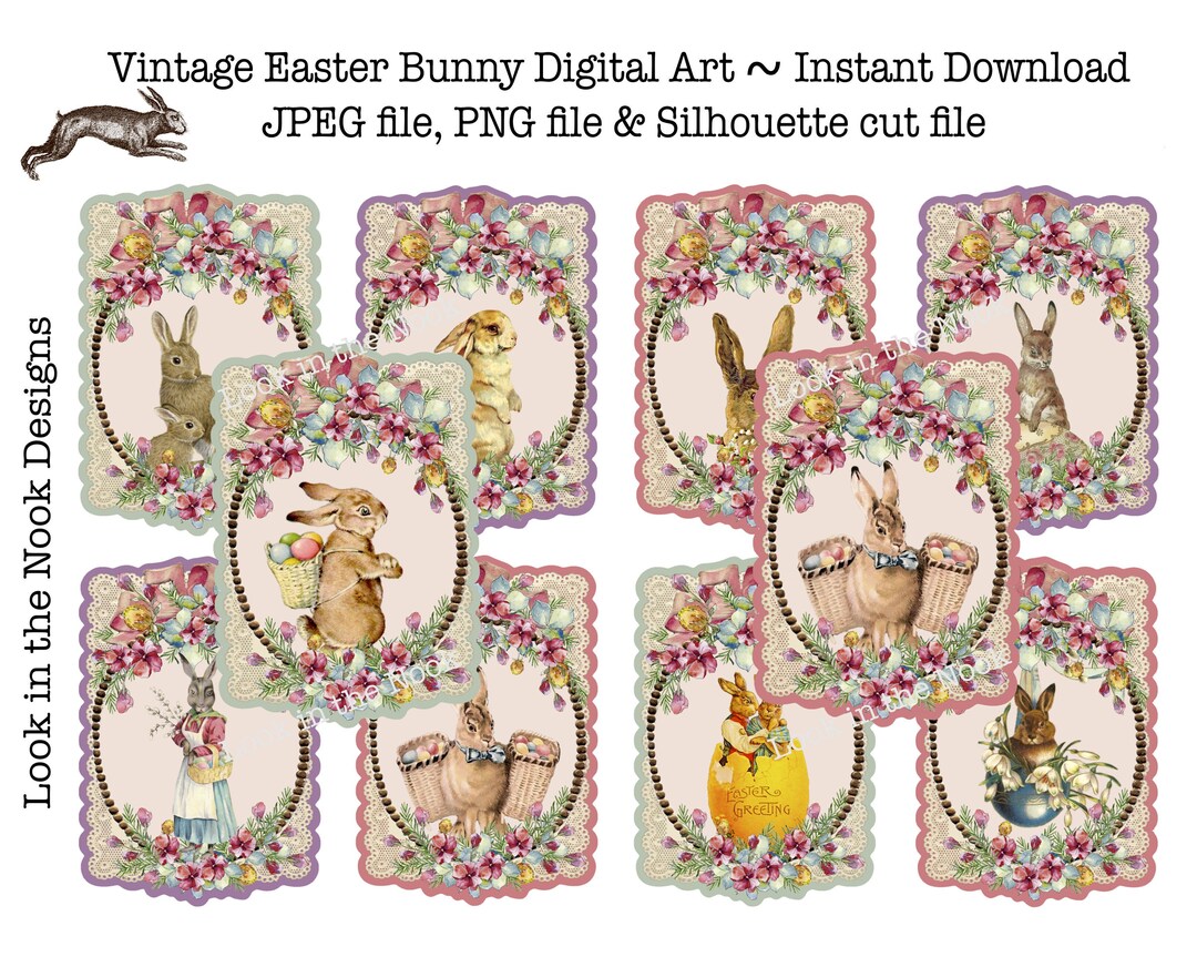 Easter Bunny Clip Art, INSTANT DOWNLOAD, Vintage Easter Gift Tags ...