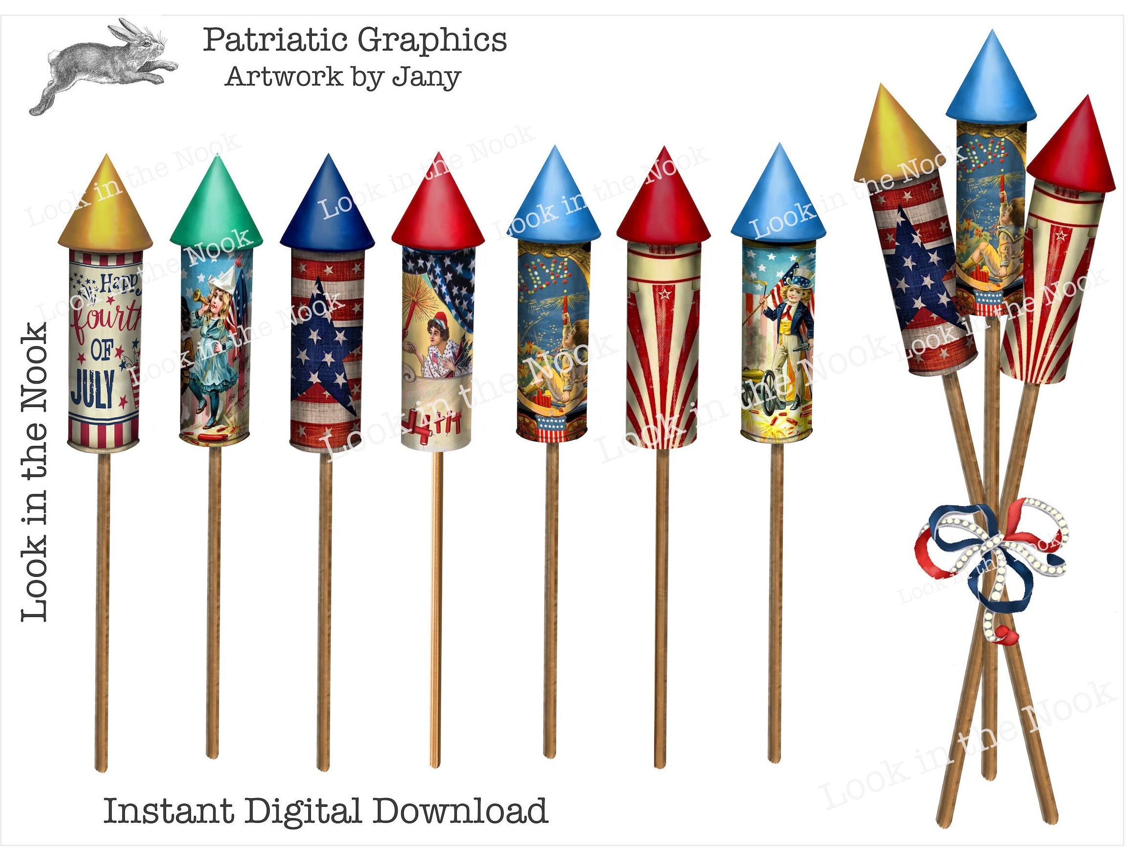 Vintage Patriotic Clip Art, 4th of July Firecracker, Americana Star ...