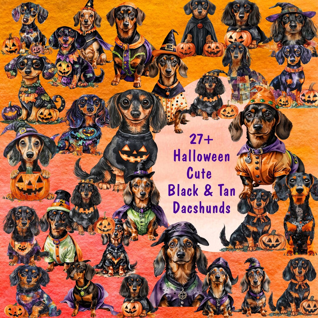Cute Dachshunds Halloween Clip Art Download Bundle, Black & Tan ...