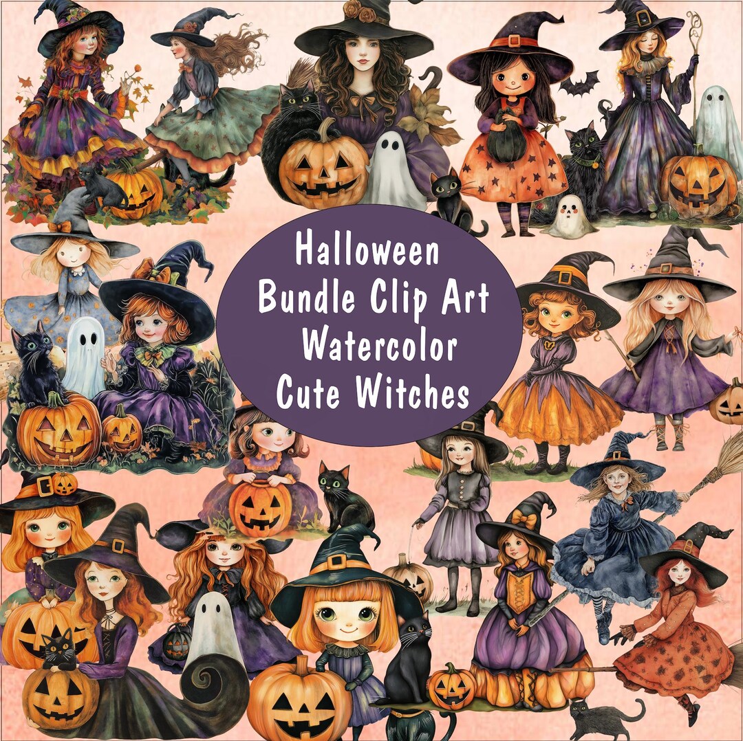 CUTE WITCHES Halloween Clip Art Download Bundle, Watercolor ...
