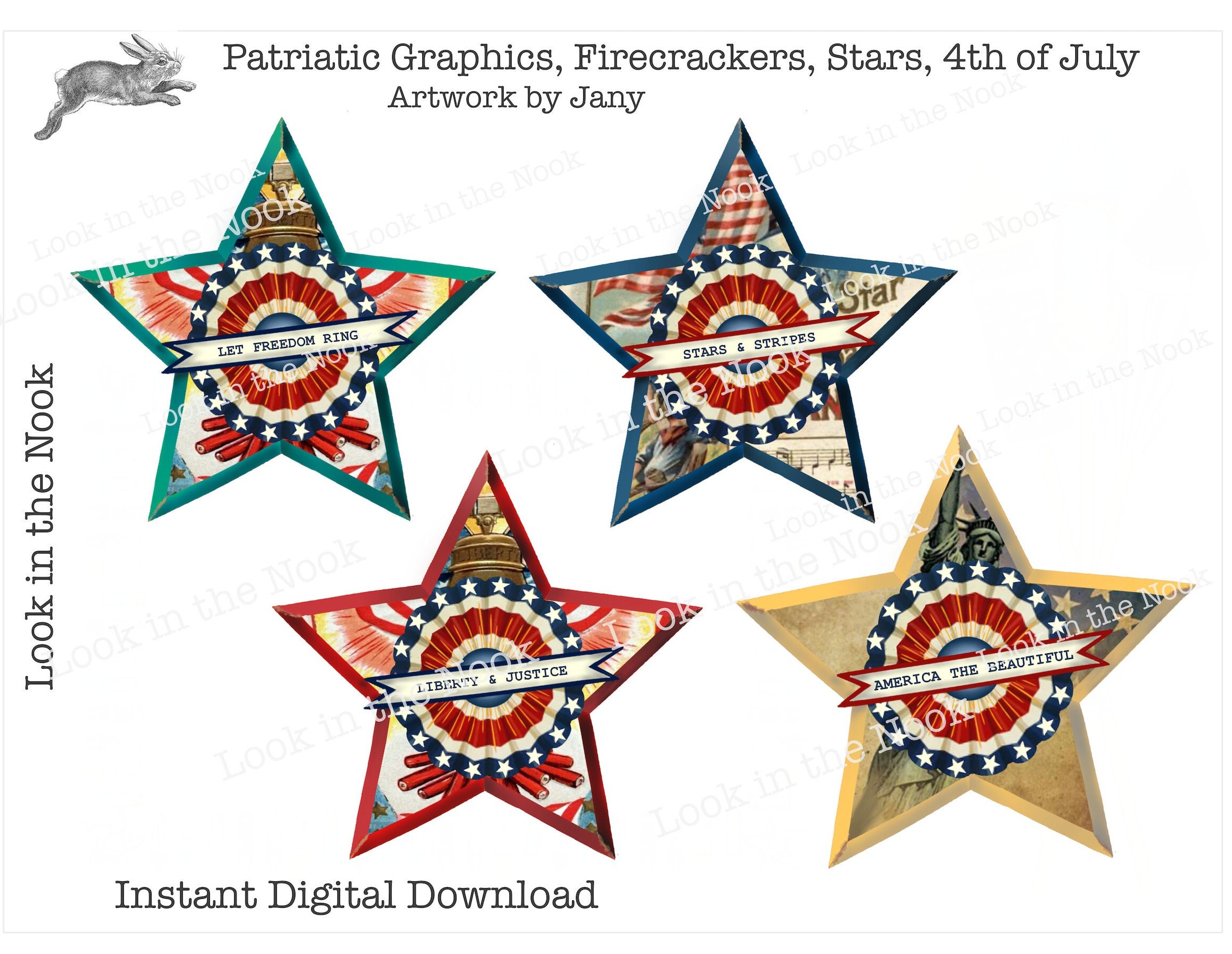Vintage Patriotic Clip Art, 4th of July Firecracker, Americana Star ...